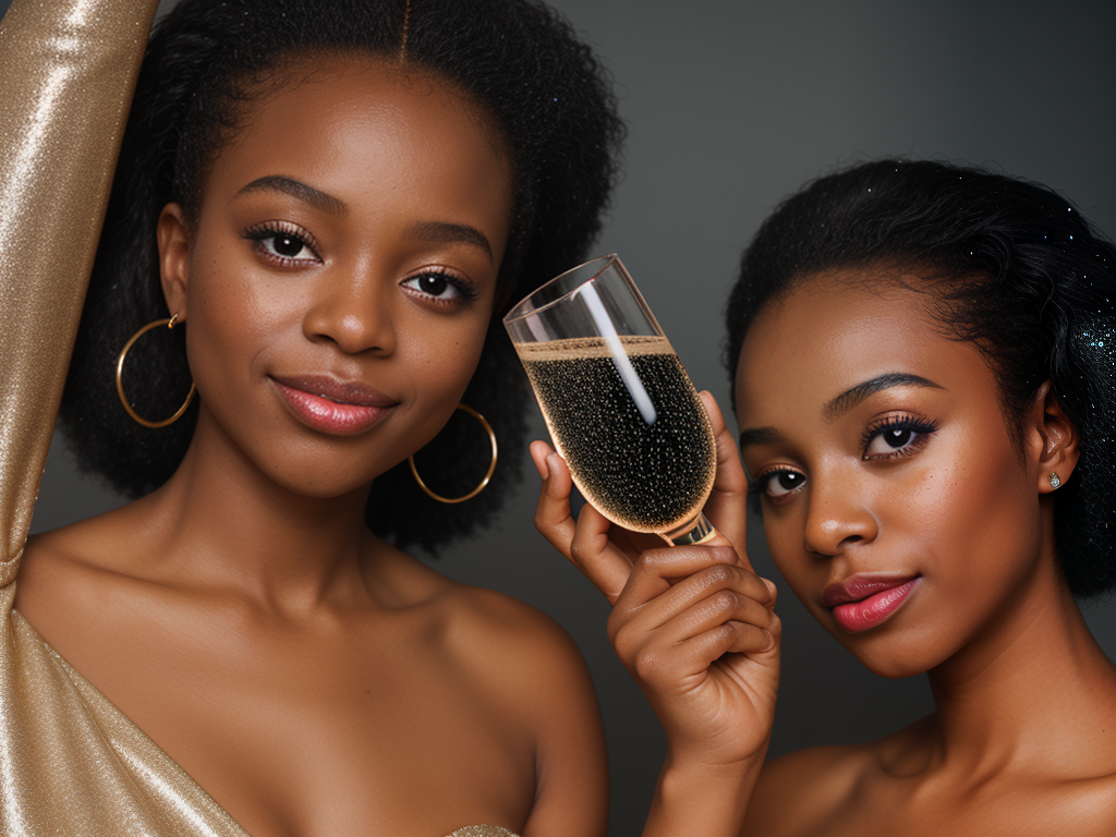 Two Glamorous Women Celebrating with Sparkling Drinks and Radiant Smiles