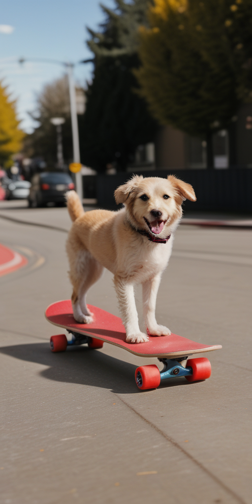 A Joyful Dog Skating on a Red Skateboard in the Park.