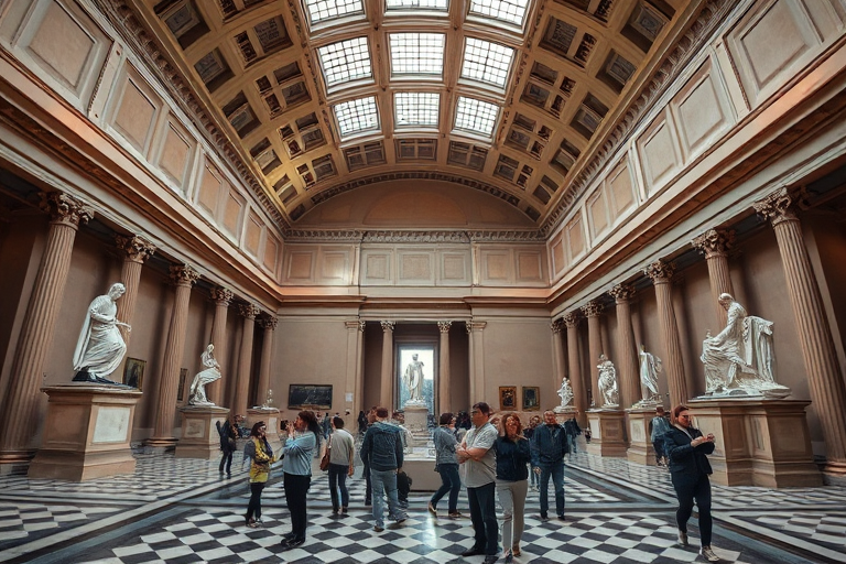 Visitors Admiring Classical Sculptures in a Grand Art Museum Hall