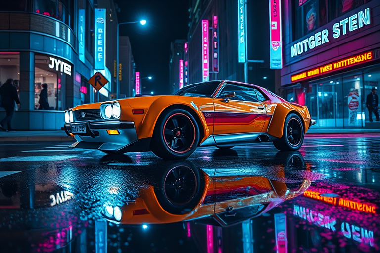 Vibrant Orange Sports Car Reflecting Neon Lights in City Nightscape