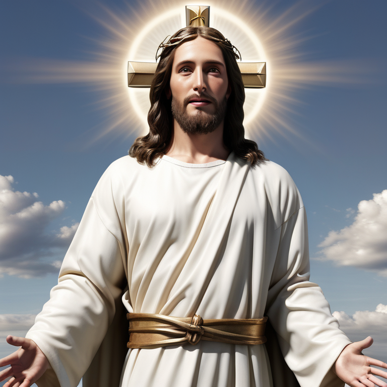 Radiant Jesus Christ with a Glowing Halo Surrounded by Serene Clouds