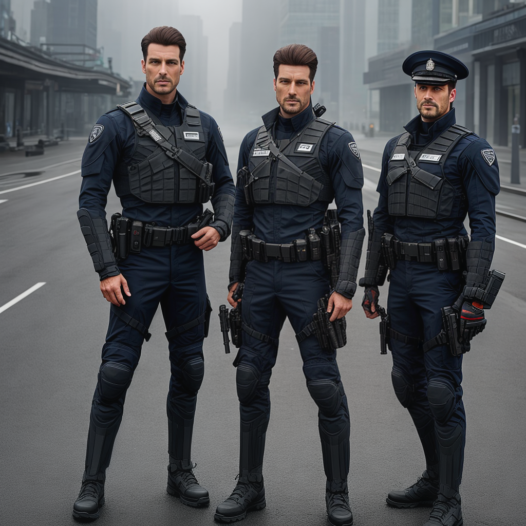 create 2 strong security guards with black uniform with dark background