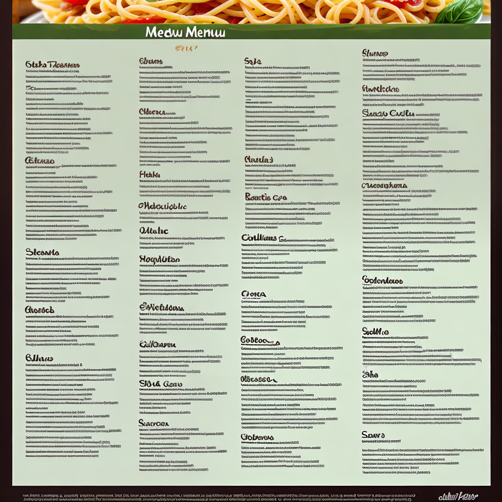 Menu for pasta restaurant