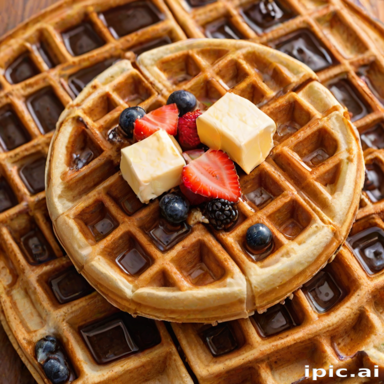 Delicious Golden Waffles Topped with Fresh Berries and Butter Cubes.