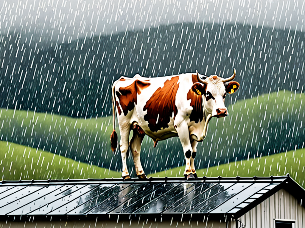 cow on roof in rain color illustration