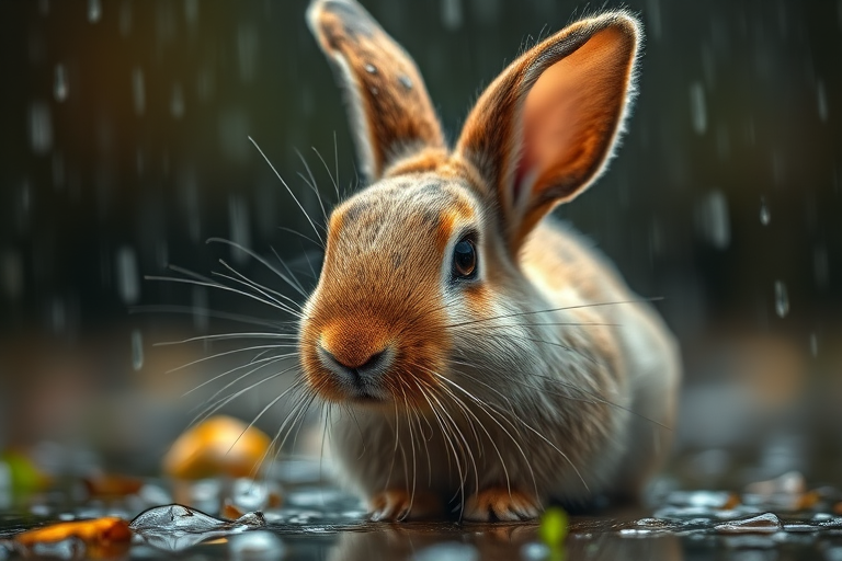 A Cute Rabbit Sitting in the Rain Amidst Colorful Fallen Leaves.