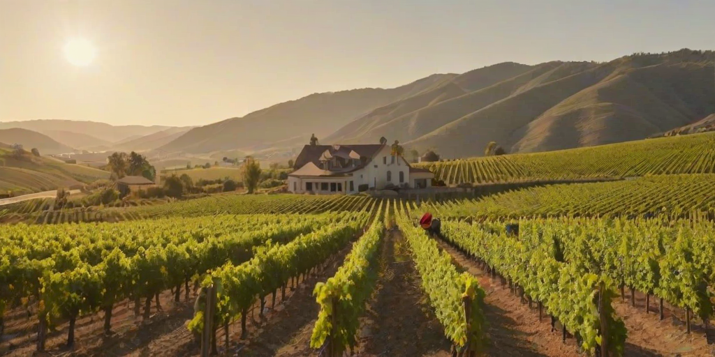 Sunset Over Serene Vineyard with Rolling Hills and Charming Winery