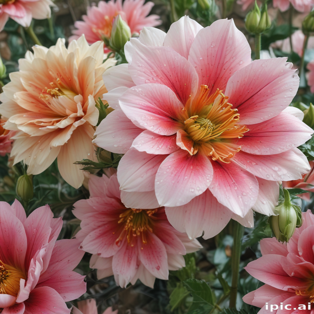A Beautiful Garden Display of Vibrant Pink and Cream Flowers Blooming.