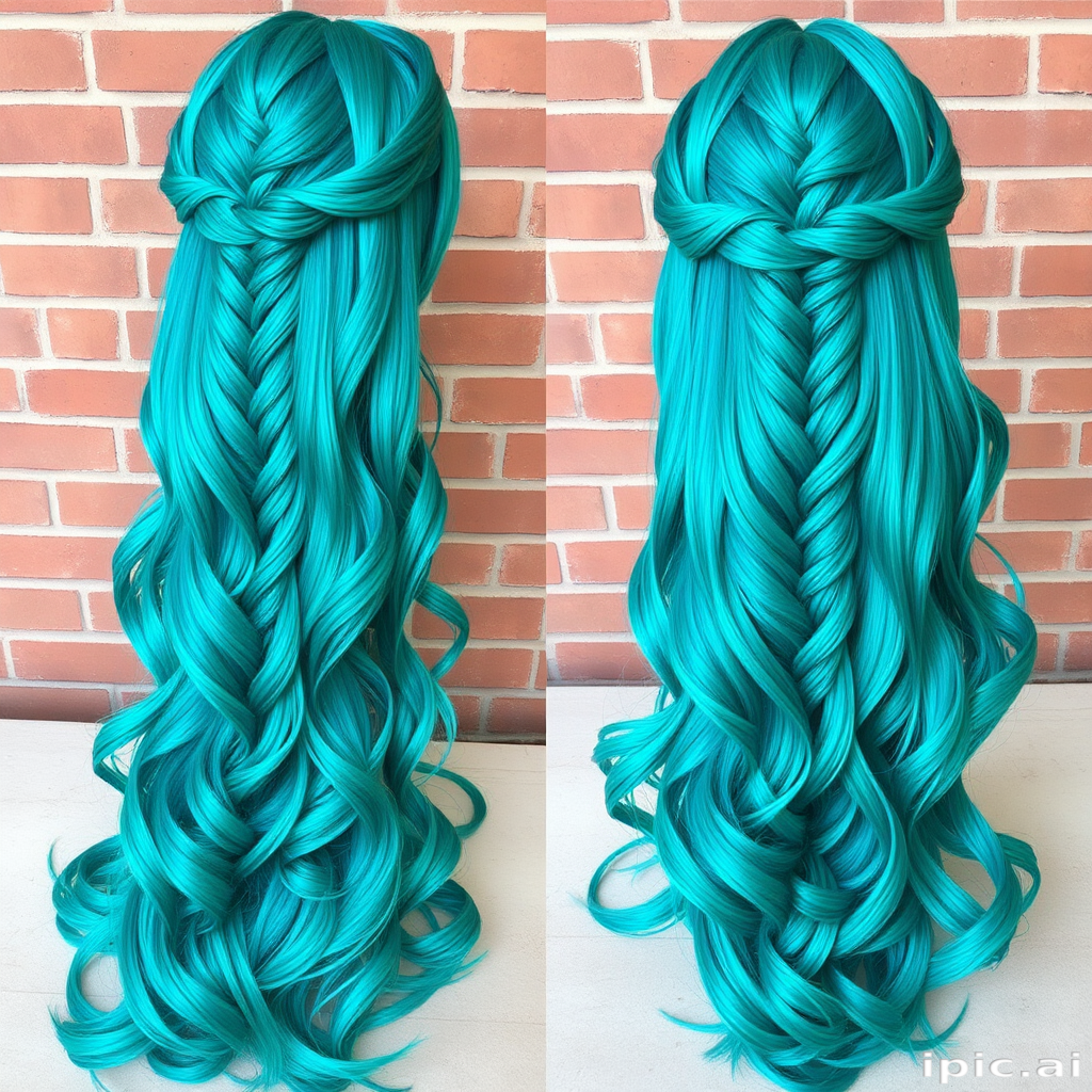 Stunning Long Turquoise Hair with Intricate Braids and Waves Displayed