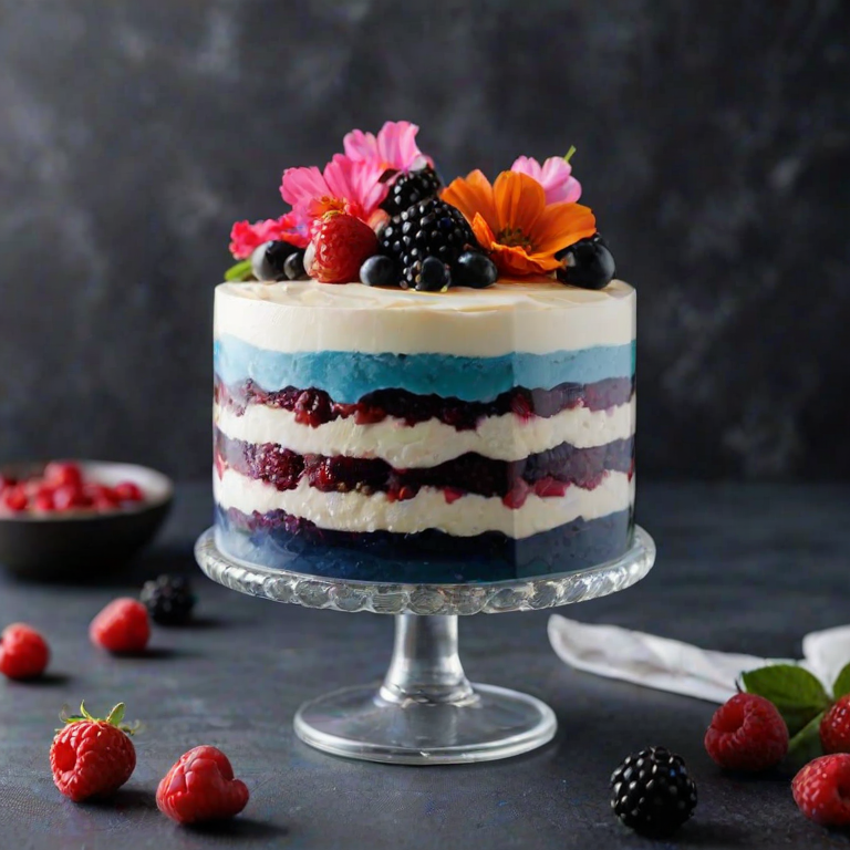 Delicious Layered Cake Decorated with Fresh Berries and Vibrant Flowers