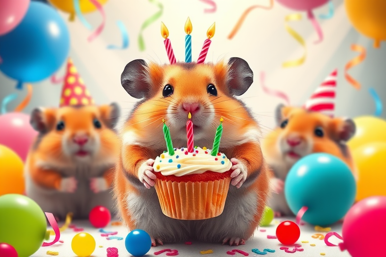 Three Adorable Hamsters Celebrate a Joyous Birthday with Colorful ...