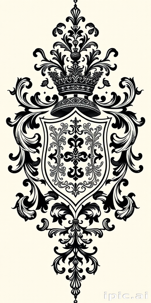 Elegant Black and White Royal Crest with Intricate Floral Decorative ...