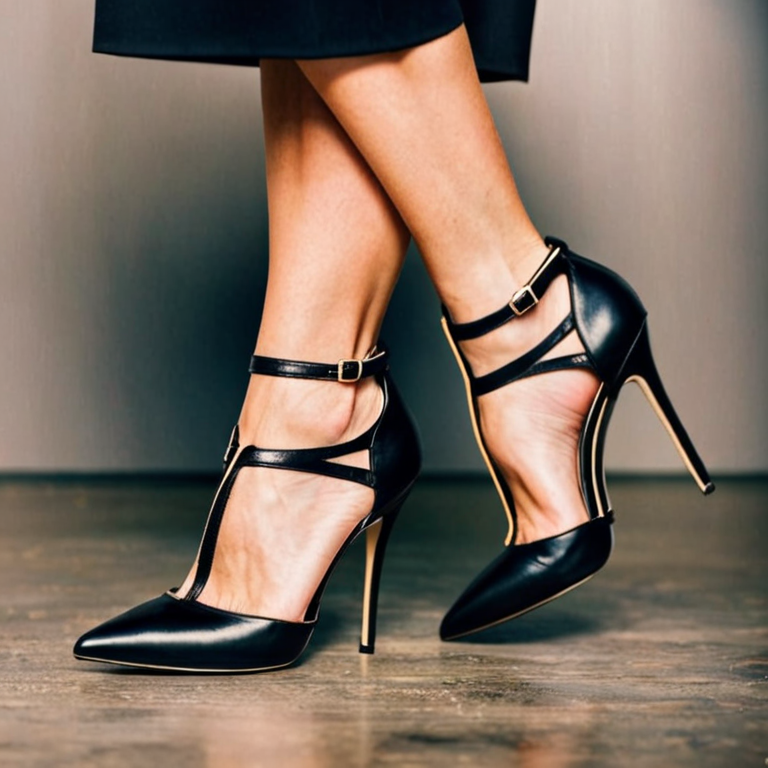 crossed legs in black leather stiletto high heels