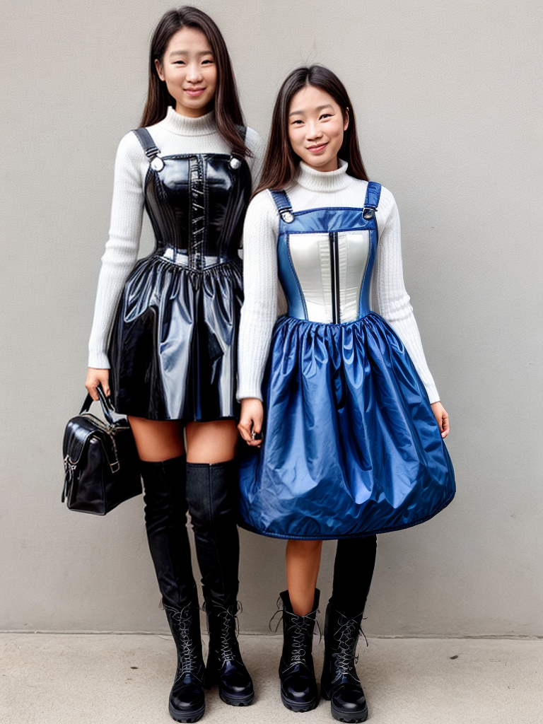 female couple, pvc puffer pinafore, corset, boots