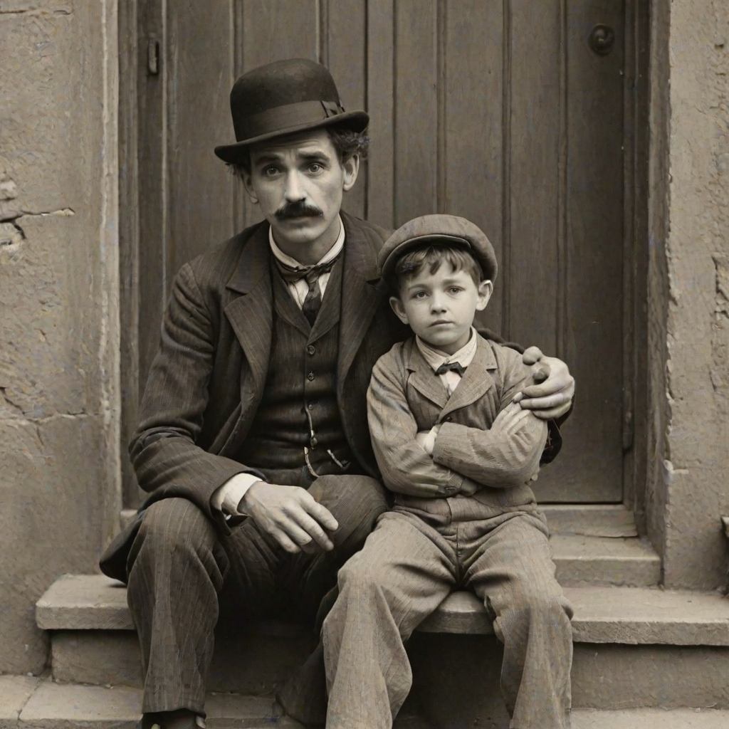 A Vintage Portrait of a Father and Son Sitting Together on Steps.