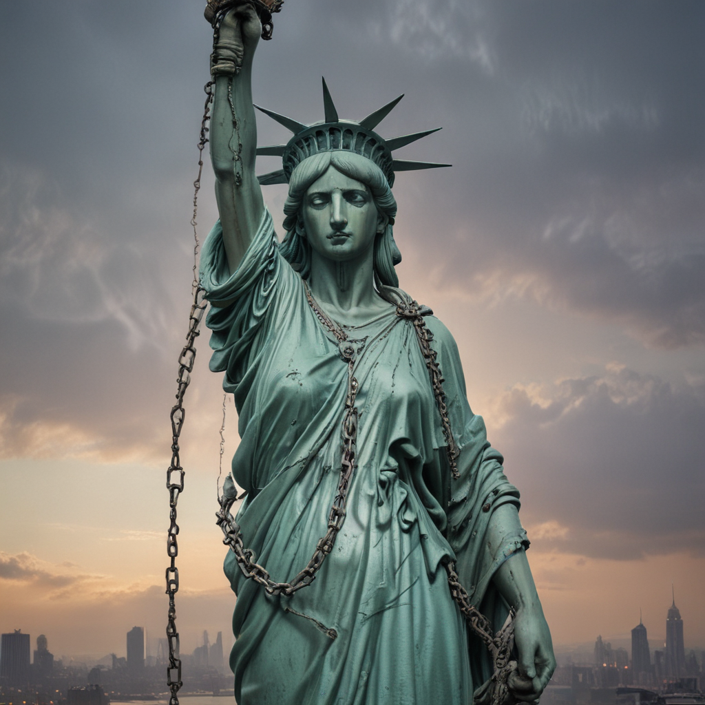 statue of liberty in chains crying over war