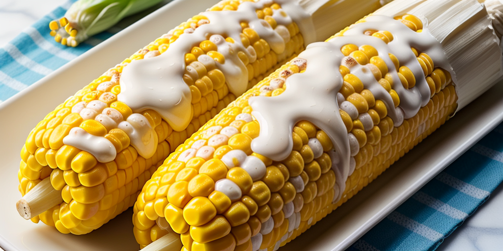 Deliciously Drizzled Corn on the Cob with Creamy Sauce and Toppings.