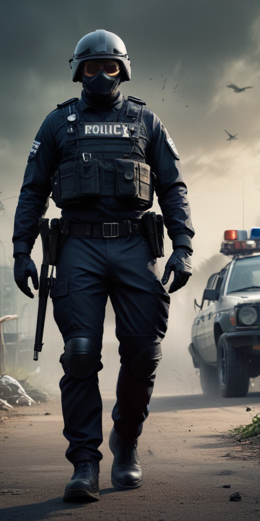 Police Officer in Tactical Gear Approaches Scene with Emergency Vehicle ...