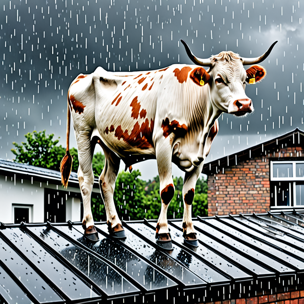cow on roof in rain color illustration