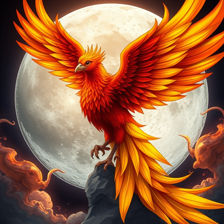 Majestic Phoenix Rising Against a Full Moon in a Starry Sky