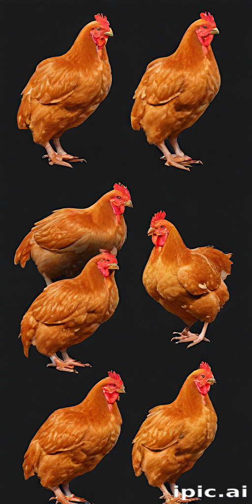 A Collection of Eight Vibrant Chickens Displaying Varied Poses and Angles.