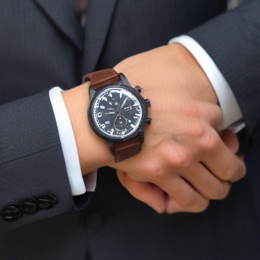 a man in a suit checking his watch. show the whole figure