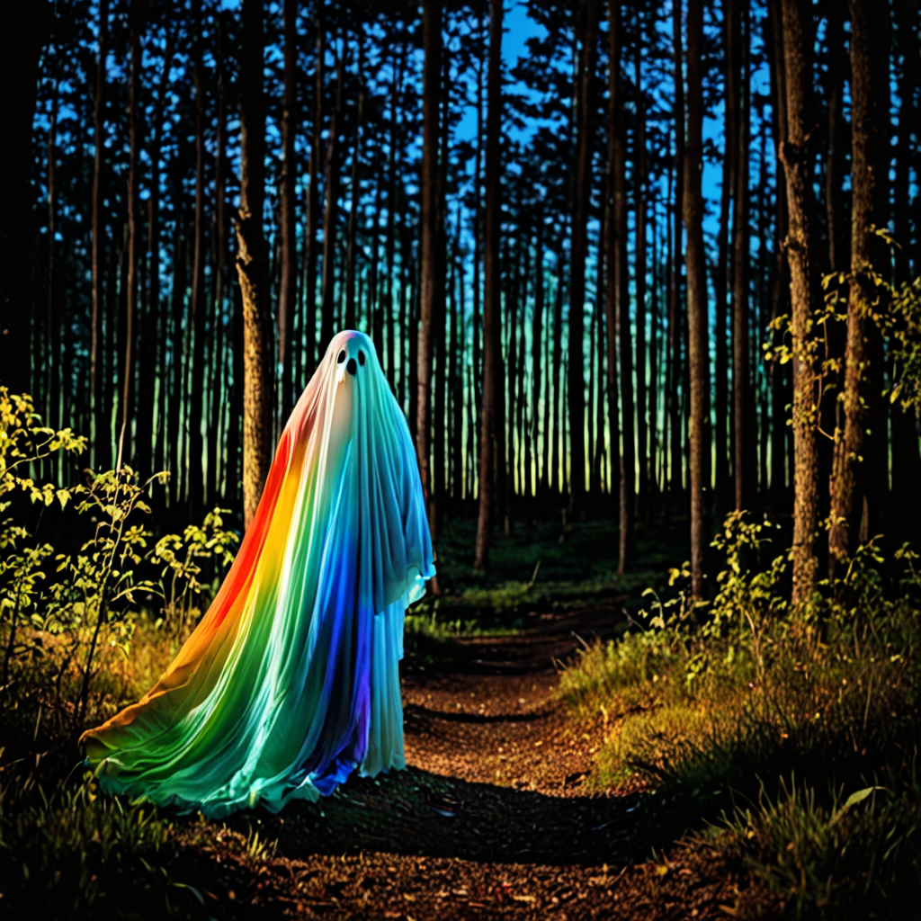 rainbow ghost in the woods at night