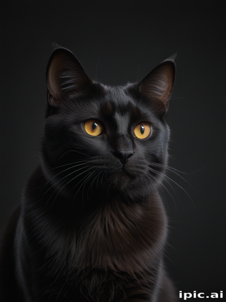 Majestic Black Cat with Striking Golden Eyes Against a Dark Background.