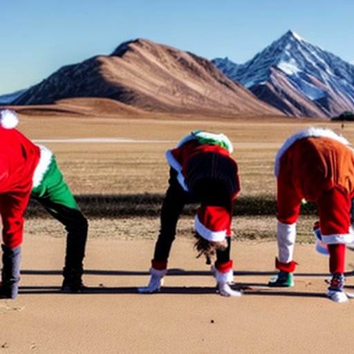 santa with elves and reindeer exercising in north pole