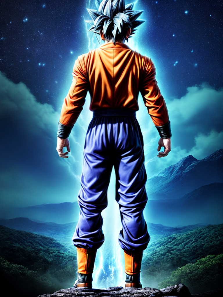Goku with his back turned into a dark forest