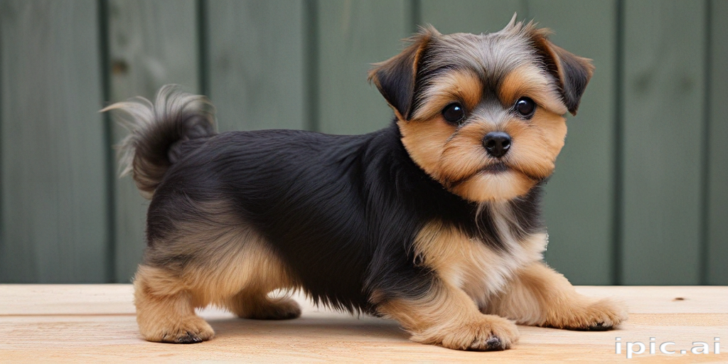 Adorable small dog with fluffy fur posing on a wooden surface.