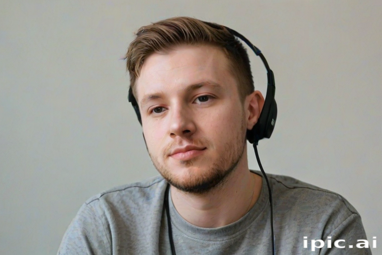 Young man wearing headphones, focused on listening to something ...