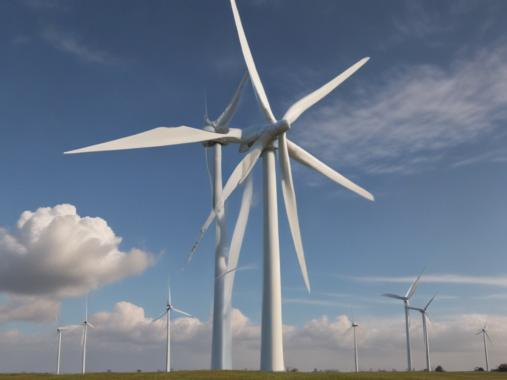 Vast Wind Farm Under a Bright Blue Sky with Fluffy White Clouds