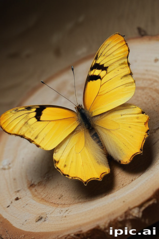 A Vibrant Yellow Butterfly Resting Gracefully on a Wooden Surface.