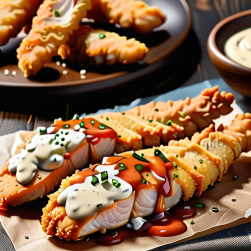 Deliciously Crispy Fried Fish Fillets with Tangy Sauce and Garnish.