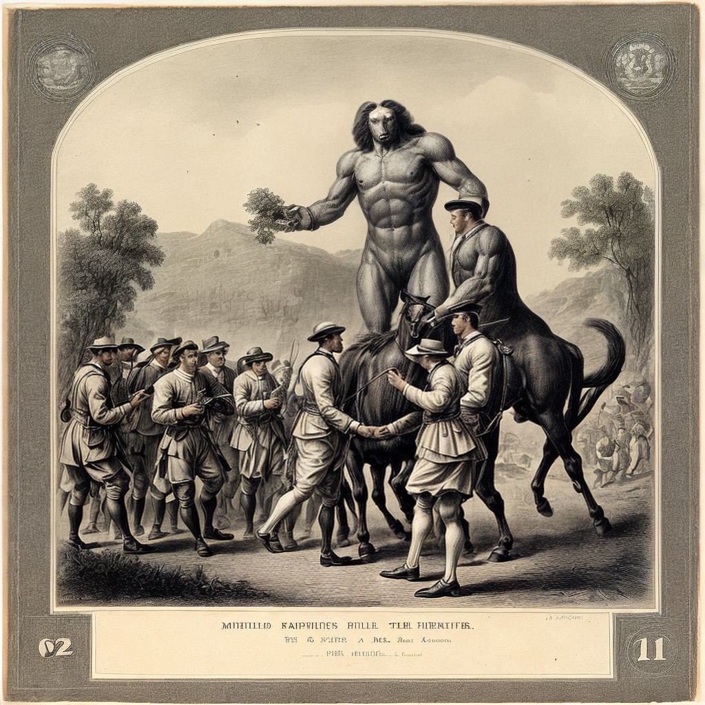 vintage picture of a circle. there is A man with bull's head pulling a ...