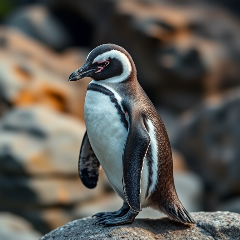 A close-up of a penguin standing on a rock in a natural habitat, using ...