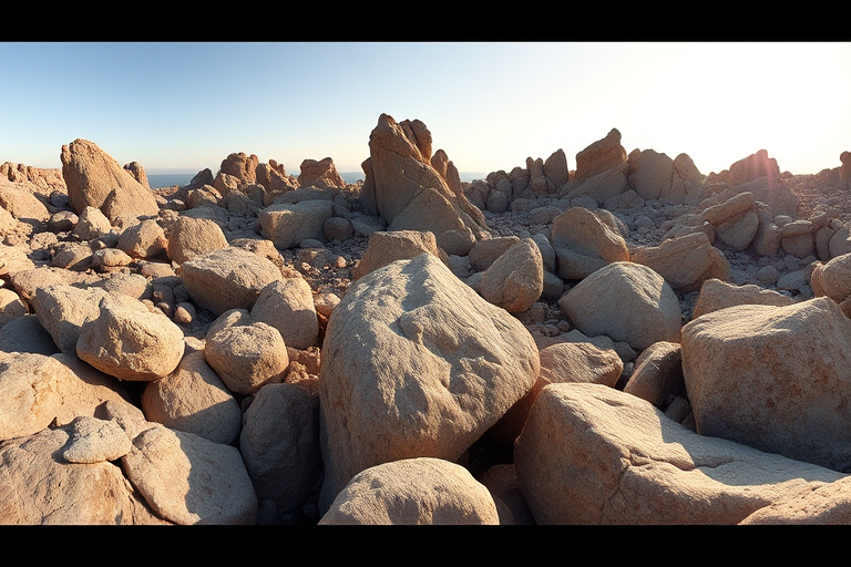 A panoramic view of rugged boulders with unique formations under soft ...