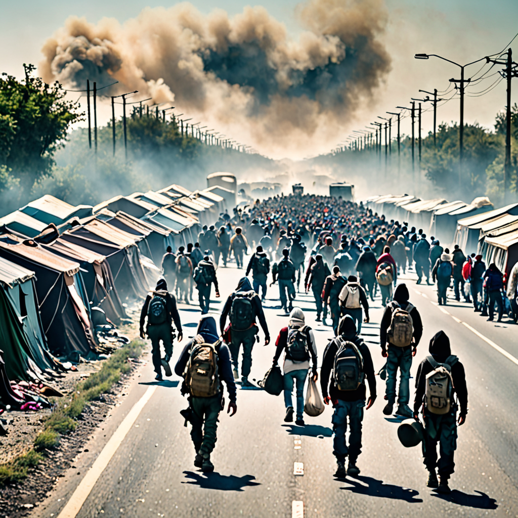 Post apocalyptic migrant caravan walking down a road.