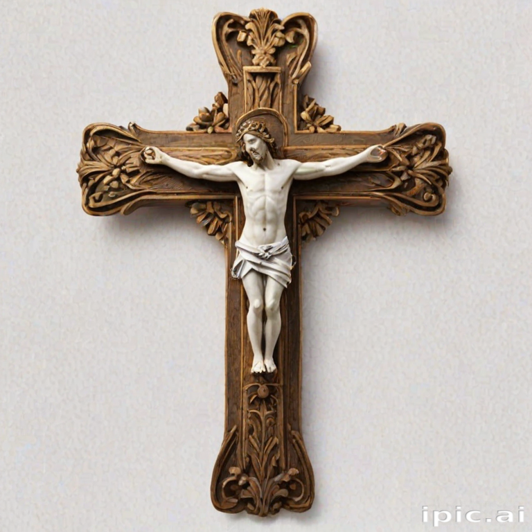 Intricately Carved Wooden Cross Featuring a Detailed Figure of Christ