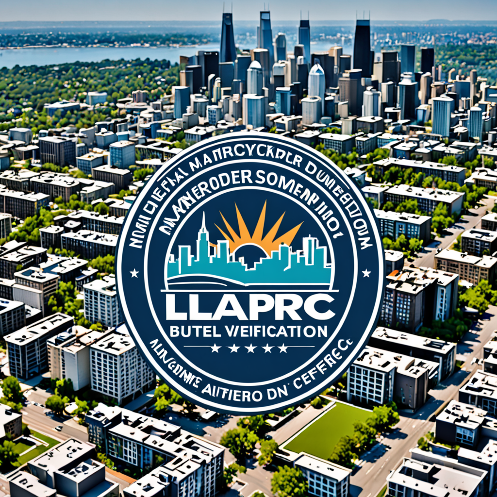 a logo, LARPC Verification with city in background