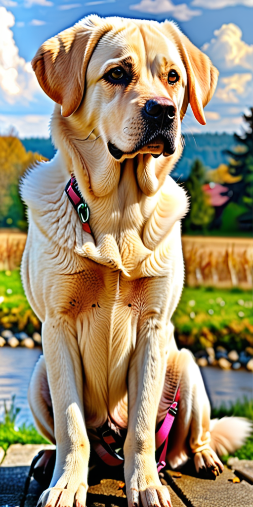 A Playful Yellow Labrador Sitting by a Scenic Outdoor Landscape
