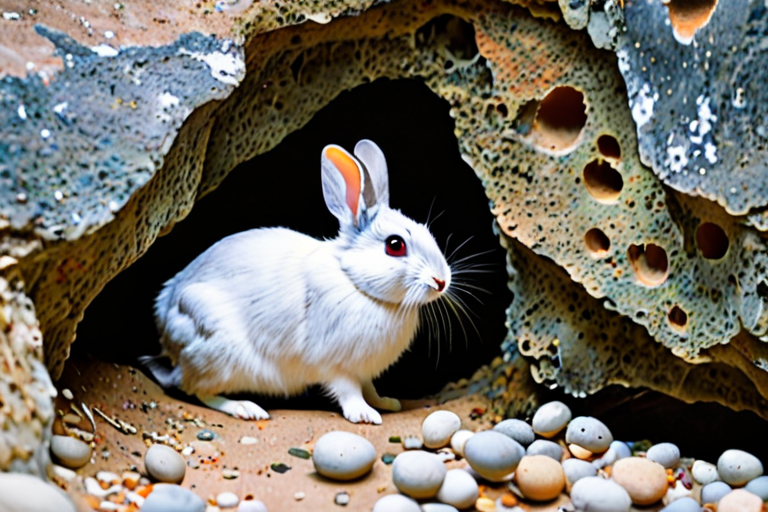 White rabbit inside a cave with a gray mouse