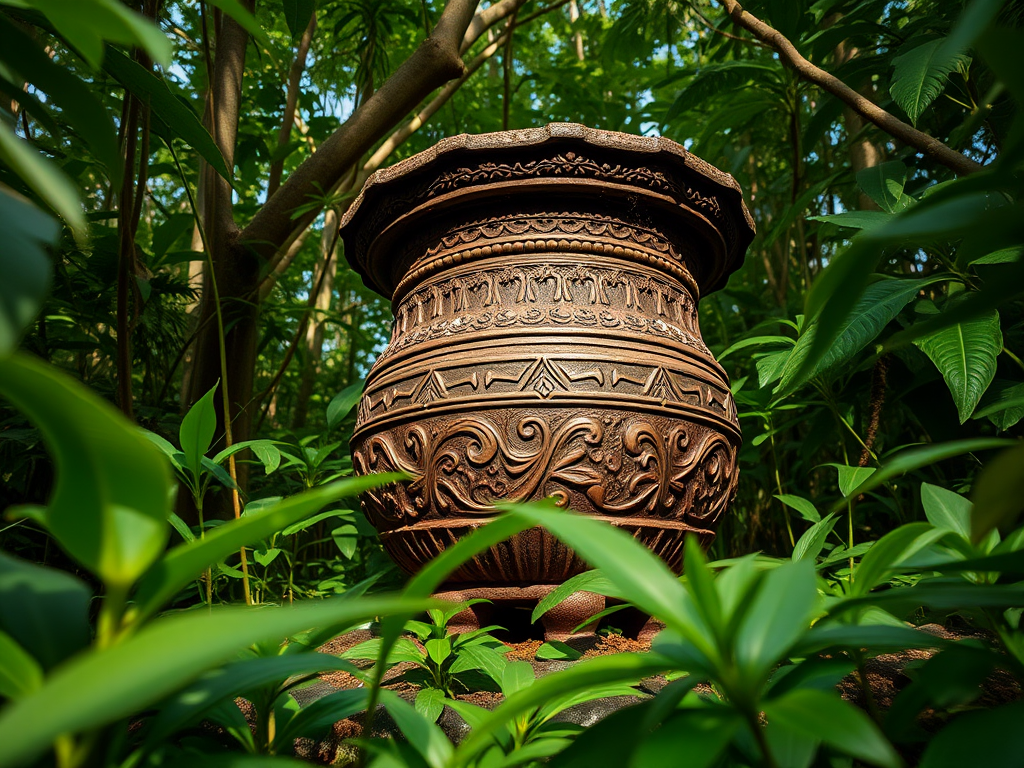 Intricately Carved Pot Nestled Among Lush Greenery in a Forested Setting