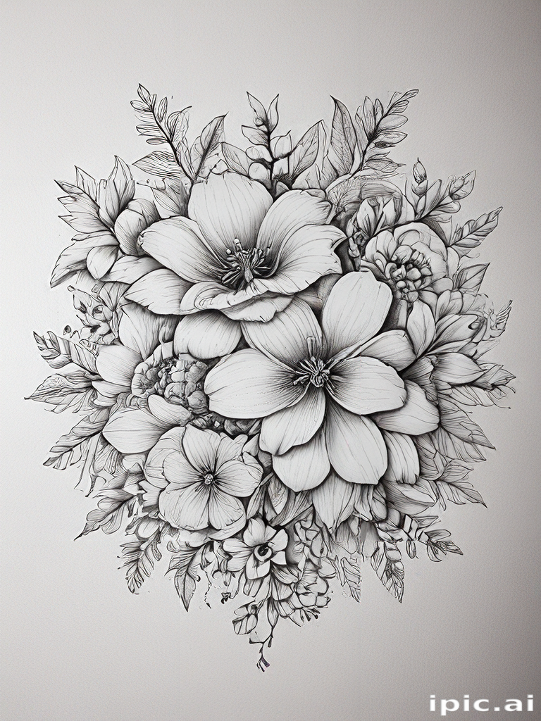 Intricate Hand-Drawn Floral Arrangement Featuring Various Blooming ...