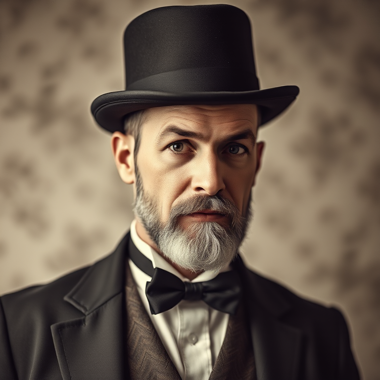 Distinguished Gentleman in Formal Attire with Top Hat and Bow Tie