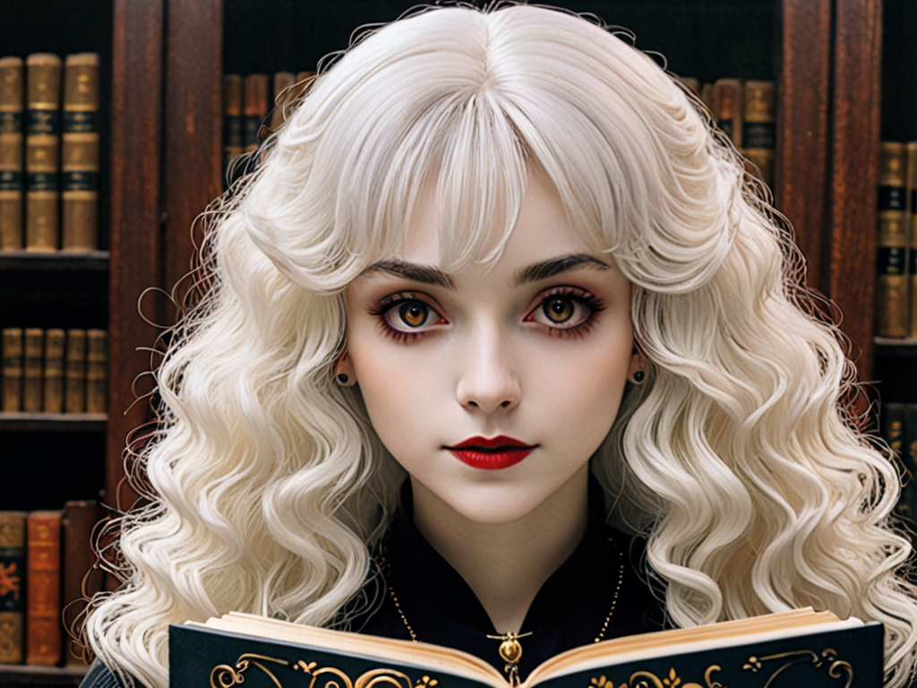 Ghibli 2d woman vampire white curly hair Dark creepy book doubleBangs ...