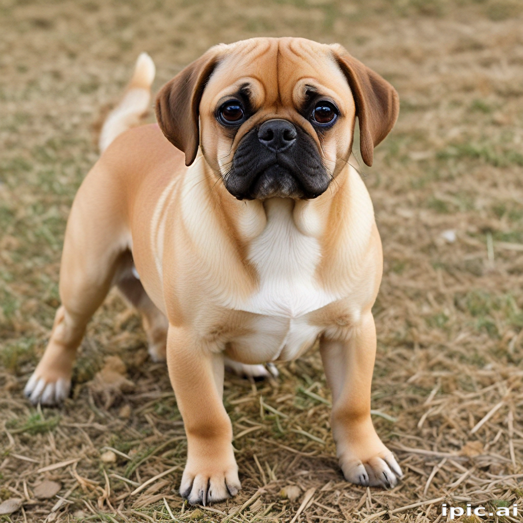 A Playful Pug Mix Standing Proudly in a Sunny Outdoor Setting