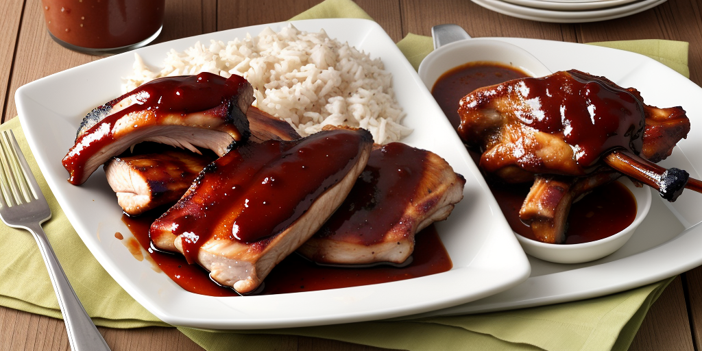 Delicious Barbecue Chicken with Savory Sauce Served on a Plate with Rice.