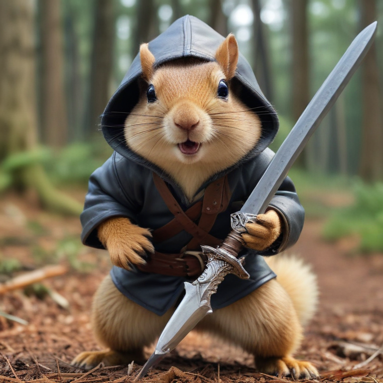 a hooded angry squirrel proudly lifts a musketeer sword in its hand ...